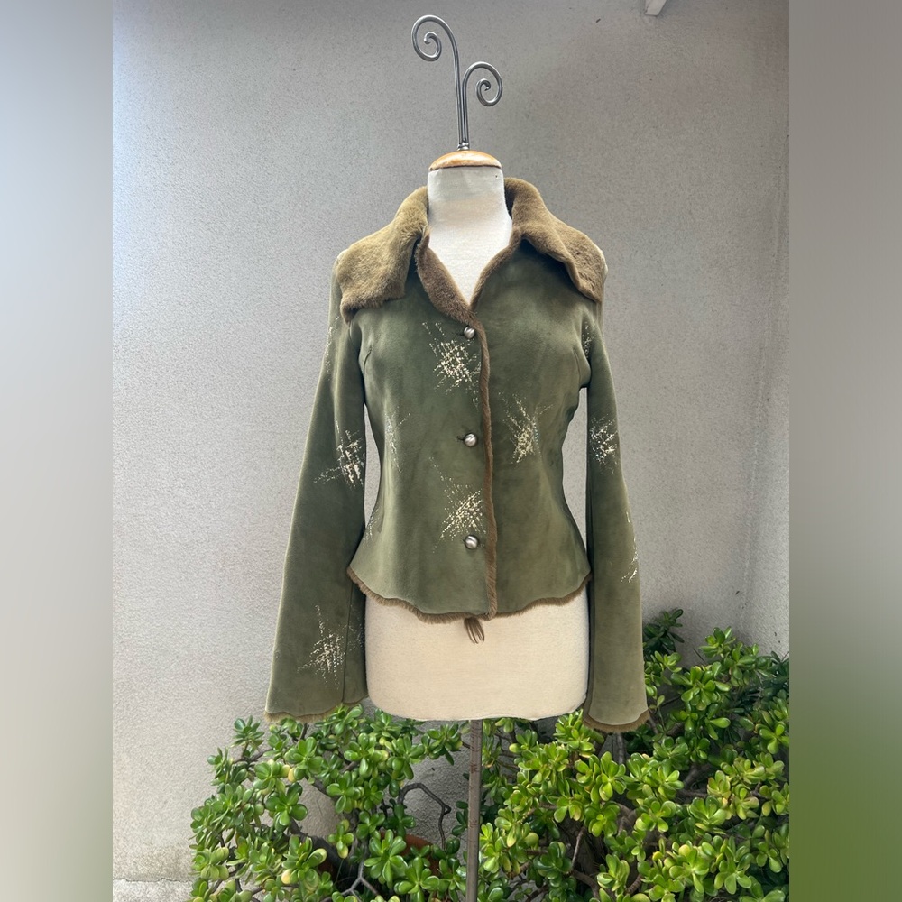 Vintage Kippys Olive Green Shearling Jacket Rhineston… - Gem